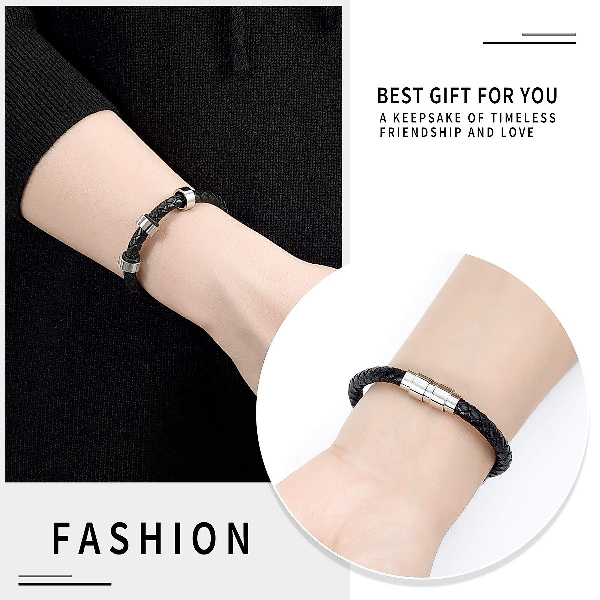 shajwo Cremation Bracelet for Ashes Jewelry for Women Men Genuine Leather Bangle Keepsake Memorial Urn Bracelet,Black 18cm