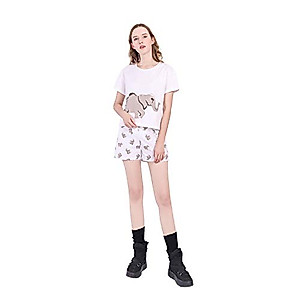 Sets Elephant Pajamas Women Summer Cotton Short Sleeve Tops Shorts PJS Pyjamas Sleepwear Nightwear Teen Girl (White, Medium)