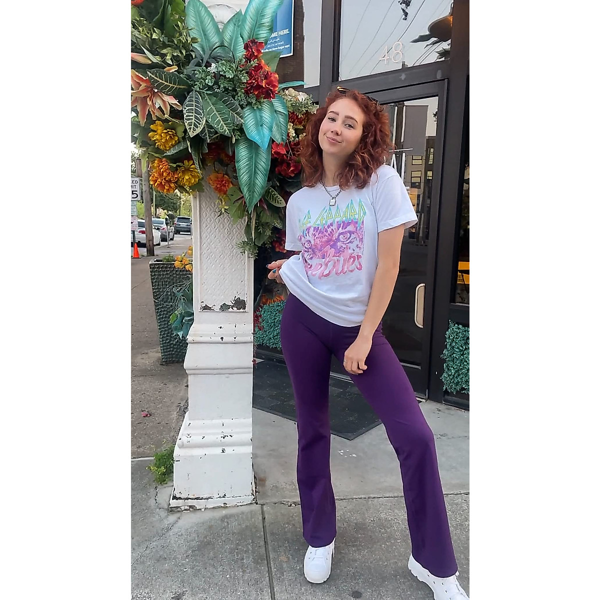 Promover Bootcut Yoga Pants for Women High Waist Print Dress Bootleg Workout Pant for Casual Work (Dark Purple-31,L)