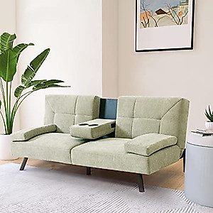 Opoiar Futon Sofa Bed, Modern Convertible Armrests Sleeper Couch with 2 Cup Holders,Loveseats Couch for Compact Space,Studio,Apartment,Office,Living Room,Bed Room,Sage Grey (800LBS)