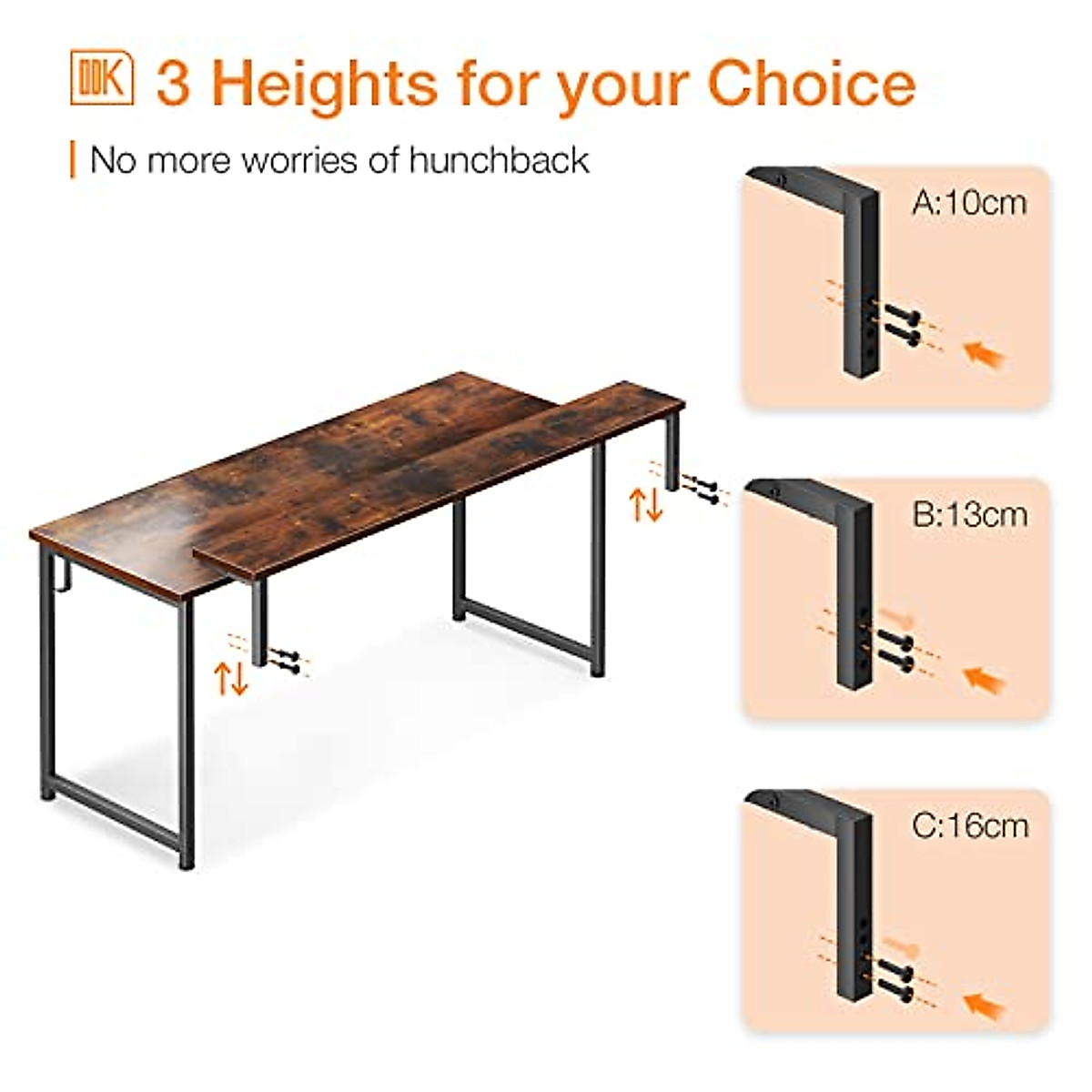 ODK Computer Desk with Adjustable Monitor Shelves, 63 inch Home Office Desk with Monitor Stand, Writing Desk, Study Workstation with 3 Heights (10cm, 13cm, 16cm), Rustic Brown