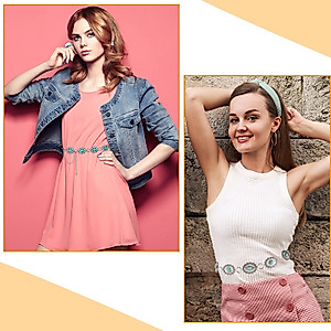 2 Pcs Turquoise Concho Chain Belt Adjustable Waist Belts for Women Western Metal Silver Belt for Dress Womens Turquoise Belt(Elegant Style)