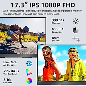 cocopar Portable Monitor – Upgraded 17.3 Inch IPS HDR 72% sRGB FreeSync USB-C 1080P FHD Eye Care Portable Screen with Type C HDMI Speakers Kickstand for Laptop PC Mac Surface Phone PS5 PS4 Xbox