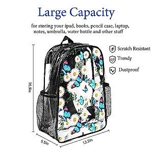 Qlonrewt Clear Backpack for Girls Boys, Butterfly Daisy Clear Backpack Heavy Duty for School, Large Clear Bookbag Transparent Backpack See Through Bag for Kids Women for College Work Travel