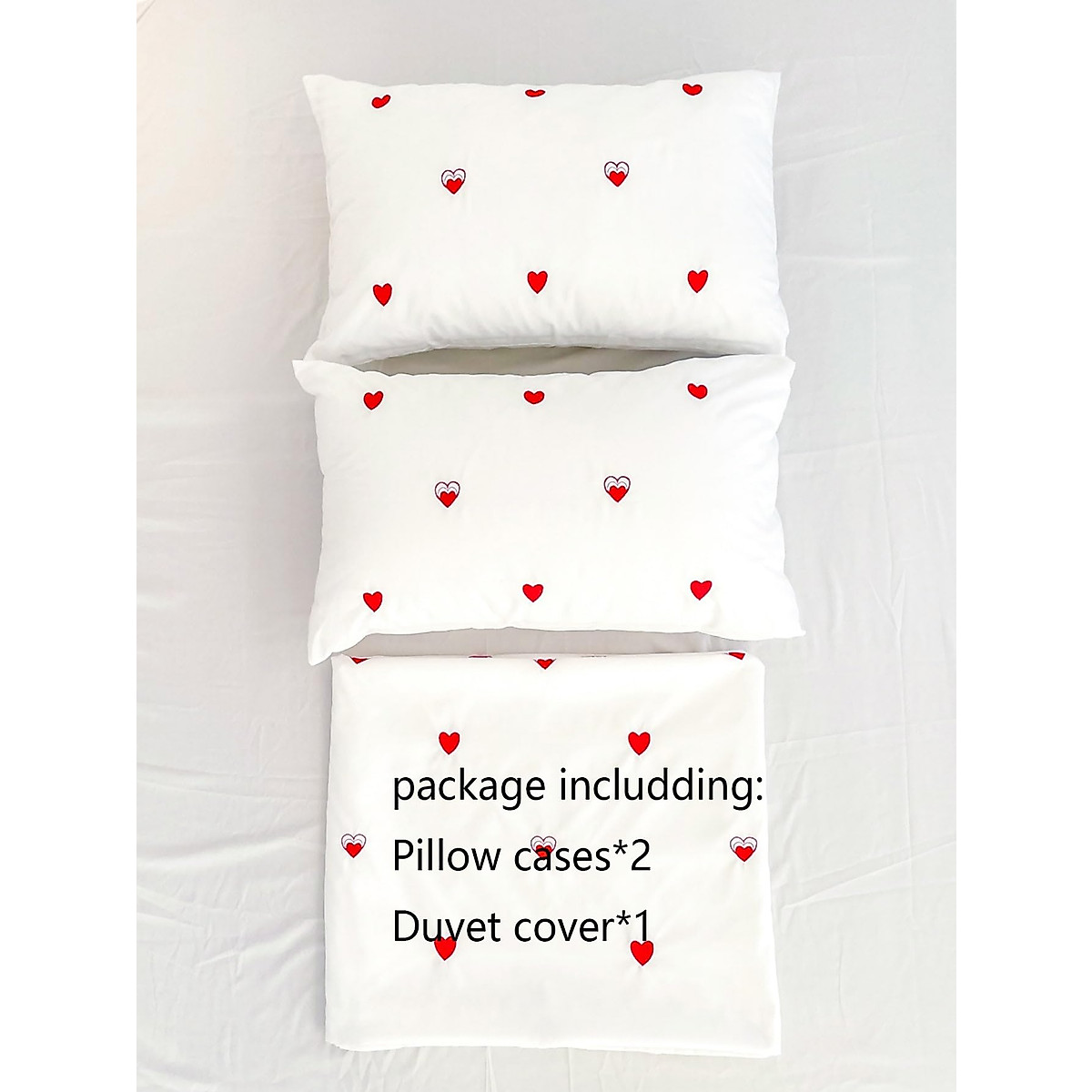 QWINEE 3Pcs Heart Embroidered Duvet Covers Sets Soft 3 Pieces Farmhouse Bedding Set with 1 Comforter Cover and 2 Pillowcases for All Season Rustic Lightweight White A Full