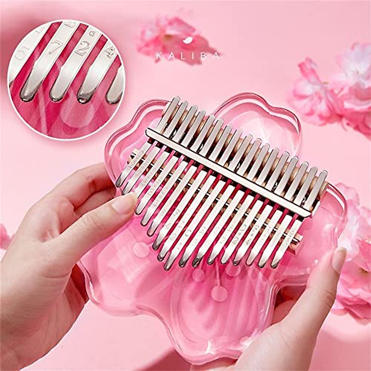 LKJYBG 17-Tone Kalimba with Piano Box,Cherry Blossoms Shape Thumb Piano Acrylic Finger Piano Gifts with Tune Hammer Study Instruction Digital Audio Tone Key Sticker for Kids and Adults Beginners