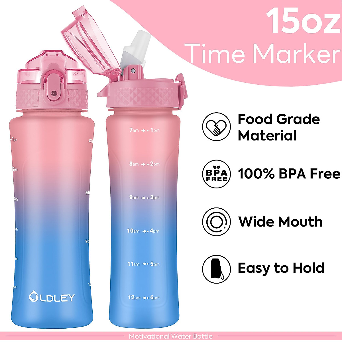 OLDLEY Kids Water Bottle for School with Straw Chug Lid, 15 oz Unbreakable Leak-Proof BPA-Free Motivational Water Bottles with Time Marker for Travel Sports Gym, 2 Lids, Candy Pink/Blueberry