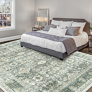 HOMFINE Machine Washable Rug 5'x7' - Vintage Design Area Rugs with Non Slip Rugs for Living Room Bedroom Floral Print Rug Carpet Stain Resistant, Home Decor Office Area Rug, Green