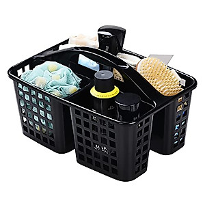 ALINK Plastic Shower Caddy Basket with Compartments, Portable Divided Cleaning Supply Storage Organizer with Handle for College Dorm Bathroom - Black