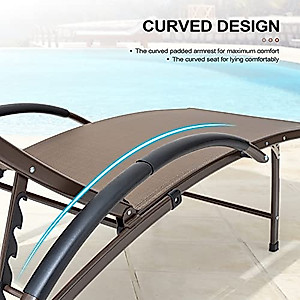 Crestlive Products Adjustable Chaise Lounge Aluminum Lounge Chair Five-Position Outdoor Recliner with Padded Headrest & Curved Armrest All Weather for Patio, Beach, Yard, Pool (2PCS Brown)
