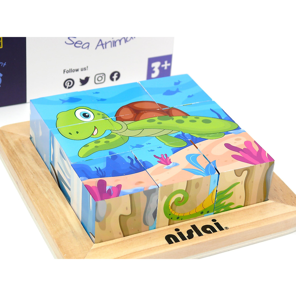 Nislai Wooden Block Puzzle | Wood Puzzle for Kids for 2 3 4 Years | 3D Aquatic Animal Sea Theme Toddler Jigsaw Pegged Puzzle | Montessori Preschool Educational Toy | 17x17cm (6.7"x6.7")