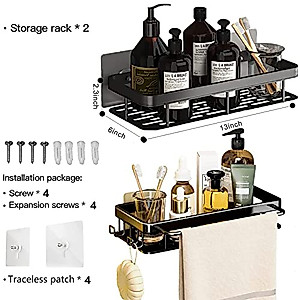 M MINCYCLE Shower Caddy Bathroom Organizer, Wall Mount Shower Organizer with Hooks,Adhesive Shower Rack No Drilling,Rustproof Shower Shelves for Bathroom Storage Black 2 Pack