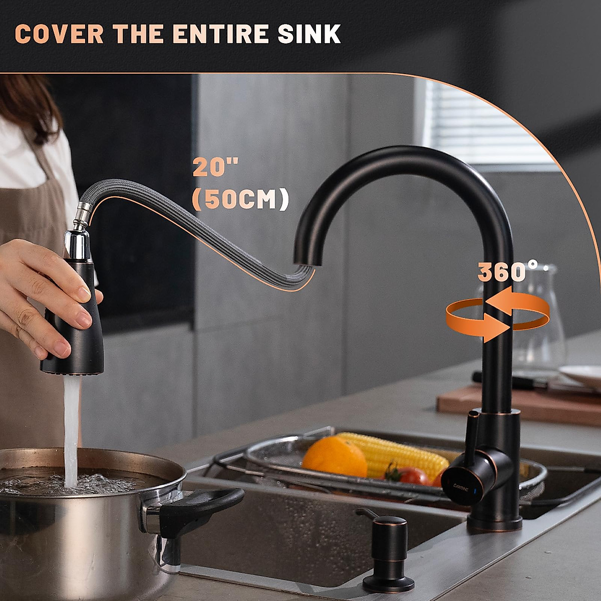 DAYONE Oil Rubbed Bronze Kitchen Faucet and Soap Dispenser, Bronze Kitchen Sink Faucet with Pull Down Sprayer, High Arch Single Handle Sink Faucet for Kitchen
