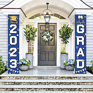 Ivenf 2023 Graduation Party Decorations, Class of 2023 Congrats Grad Banner, Graduation Porch Sign, Blue and White Graduation Decoartions Hanging Banner Photo Props for Home School Graduation Party