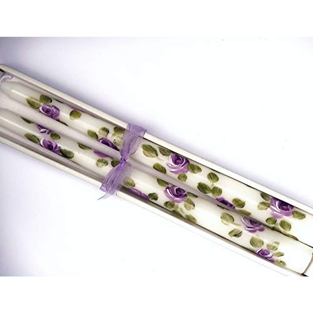 Decorative Dripless Romantic Hand Painted Purple Flower Lavender Rose Taper Candles Set in a Gift Box