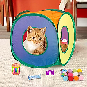 Retro Shaw Cat Toys Set, Interactive Cat Kitten Toys for Indoor Cats Kitty with Collapsible Cat Play Tunnel Tube Tent Cat Feather Wand Teaser Cat Bell Fuzzy Ball Springs Mouse Toys