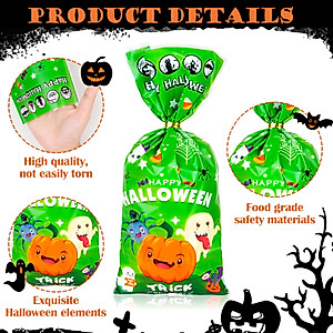 RICEDUO Halloween Cellophane Bags,100PCS Halloween Candy Cookie Treat Bags with 100 Piece Twist Ties for Halloween Party Favor Supplies, 5 Assorted Styles