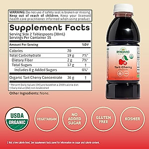 Dynamic Health Organic Tart Cherry Juice, Unsweetened 100% Juice Concentrate, Antioxidants Supplement, No Sweeteners or Additives, Vegan, Gluten Free, BPA Free (16oz)