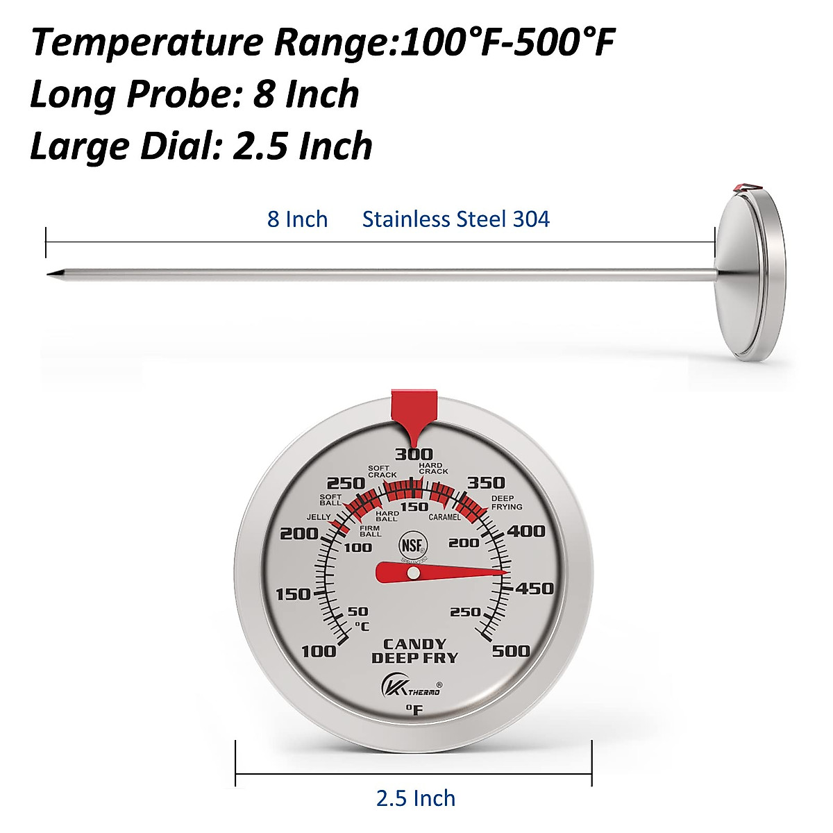 Oven Thermometers and Candy Thermometer with 8” Probe Waterproof dial, no Battery Required, Fast Instant Read Large 2.5" dial, …