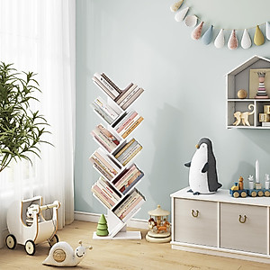 Hoctieon 10 Tier Tree Bookshelf, 10 Shelf Bookcase, Free Standing Tree Bookcase, Display Floor Standing Shelf for Books, Book Shelf Organizer, White