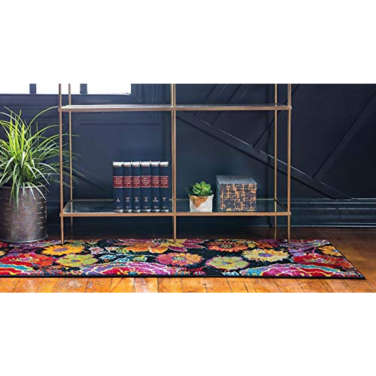 Unique Loom Lyon Collection Colorful Modern Floral Garden Area Rug, 2 x 6 ft, Black/Yellow