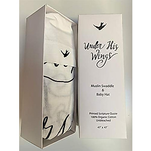 Under His Wings Muslin Swaddle & Bonus Baby Hat with Scripture Quote (Psalm 91) - 100% Organic Unbleached Cotton - Swaddle/Blanket is a Unique Shower & Baptism Gift -