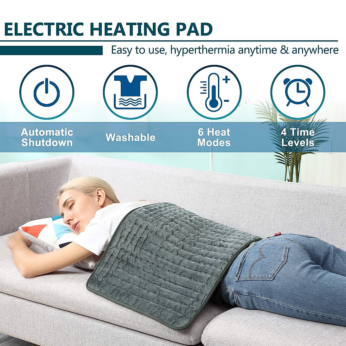 Heating pad Electric Heat Pad for Back Pain and Cramps Relax - Electric Heat Pad with 6 Heat Settings -Auto Shut Off (Dark Gray, 24“x12”)