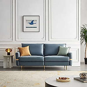 WAQINBR Modern Loveseat Sofa Couch for Bedroom, 2 Seater Small Sofa with 2 Pillows and High-Density Memory Foam, Comfy Faux Leather Couch for Small Spaces, Living Room, Office（Blue）