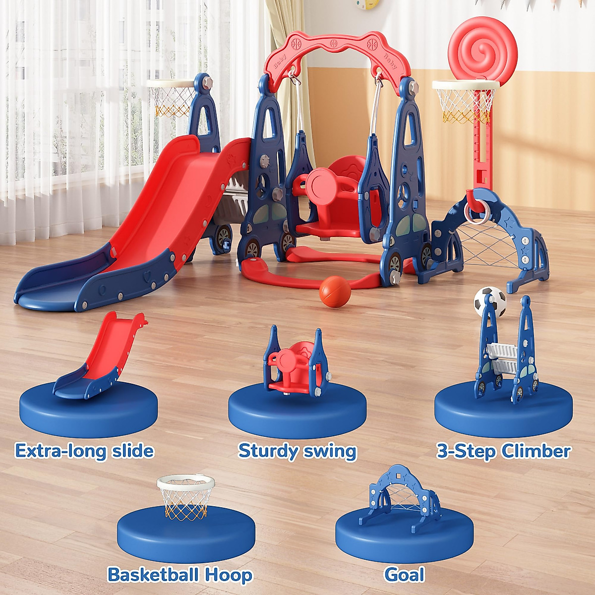 NYEEKOY 5 in 1 Toddler Slide and Swing Playset Indoor Outdoor Kids Slide for Toddler Age 1-8, Toddler Playground with Basketball Hoop and Long Slide, Backyards Silde Sets for Baby