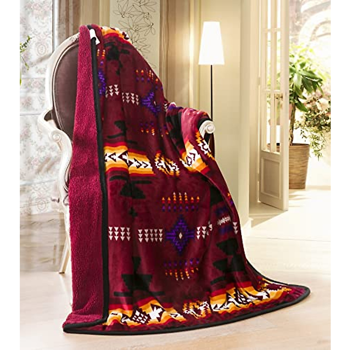 Nu Trendz Signature Southwest Design (Navajo Print) Sherpa Lined Throw 16112 Burgundy