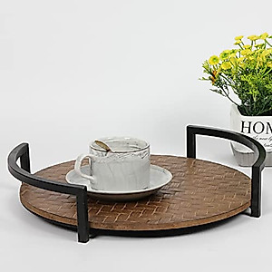 Farmhouse Round Decorative Tray，Wood Serving Tray with Metal Handles, Rustic Ottoman Coffee Table Accent Tray, Centerpieces for Table (Natural Brown)