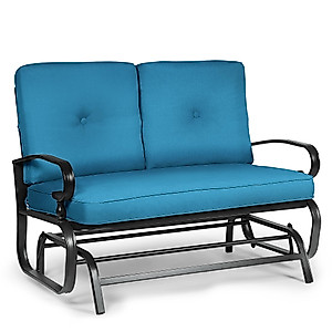Patiomore Outdoor Bench Patio Swing Glider Loveseat 2 Seats Rocking Chair, Wrought Iron Chair Set with Blue Cushion