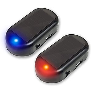 HUWUFUN 2pcs Car Solar Power Alarm Warning System Anti-Theft LED Flashing Security Light Fake Lamp Flash Blinking Lamp with USB Port(Blue+Red)
