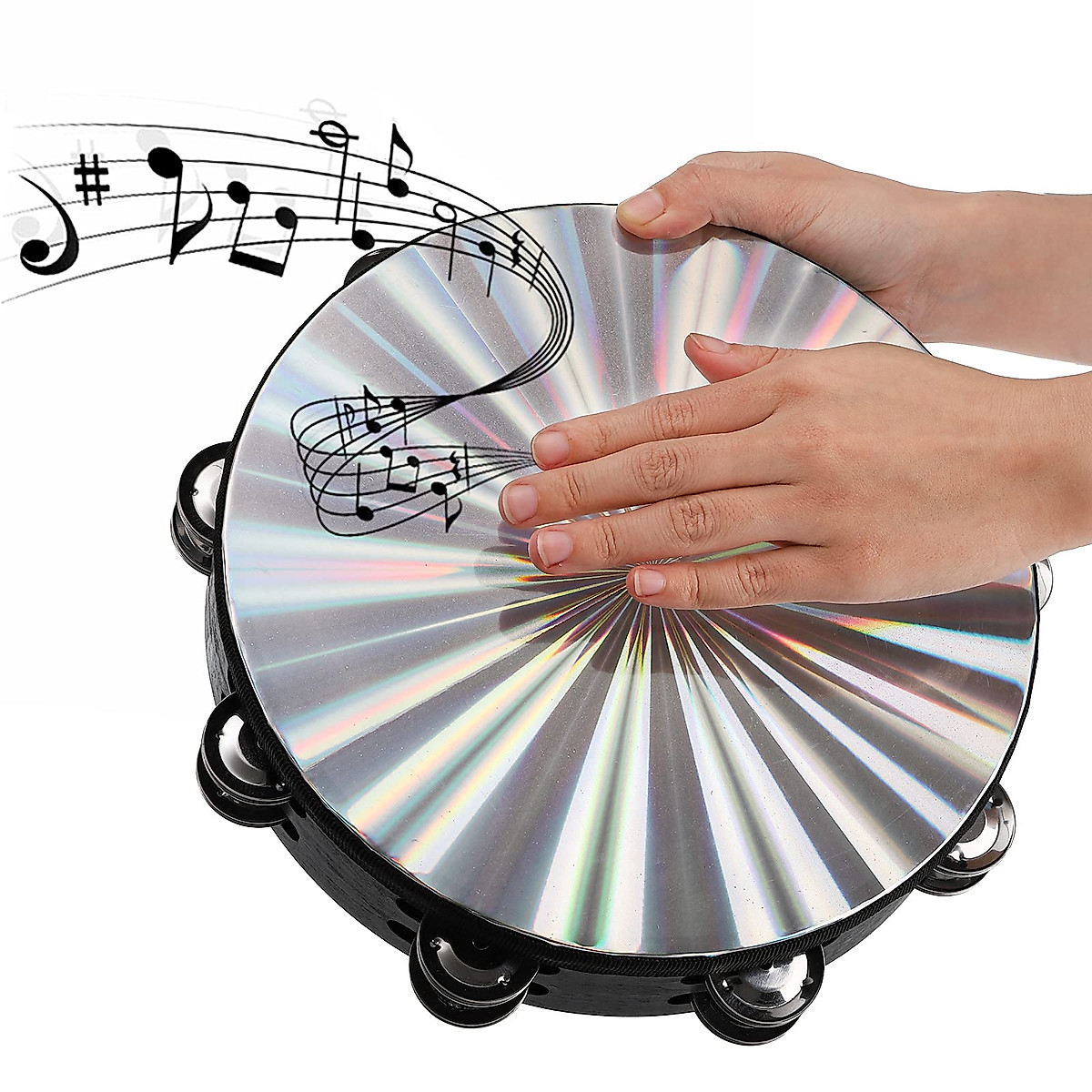 YOUEON 2 Pack Radiant Tambourine with Double Row Jingles, 8/10 Inch Wood Handbell Music Reflective Drum, Hand Drum Percussion Instrument for Church, Tambourine for Dance, Party, KTV