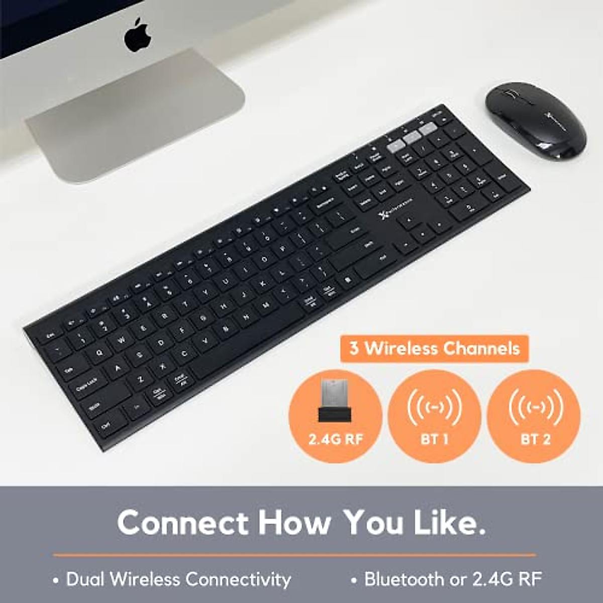 X9 Slim Bluetooth Mouse and Keyboard Combo - Dual BT + 2.4G Pair 3 Devices - Full-Size Rechargeable Wireless Mouse and Keyboard Combo - Multi-Device Wireless Keyboard Mouse Combo for PC - Black