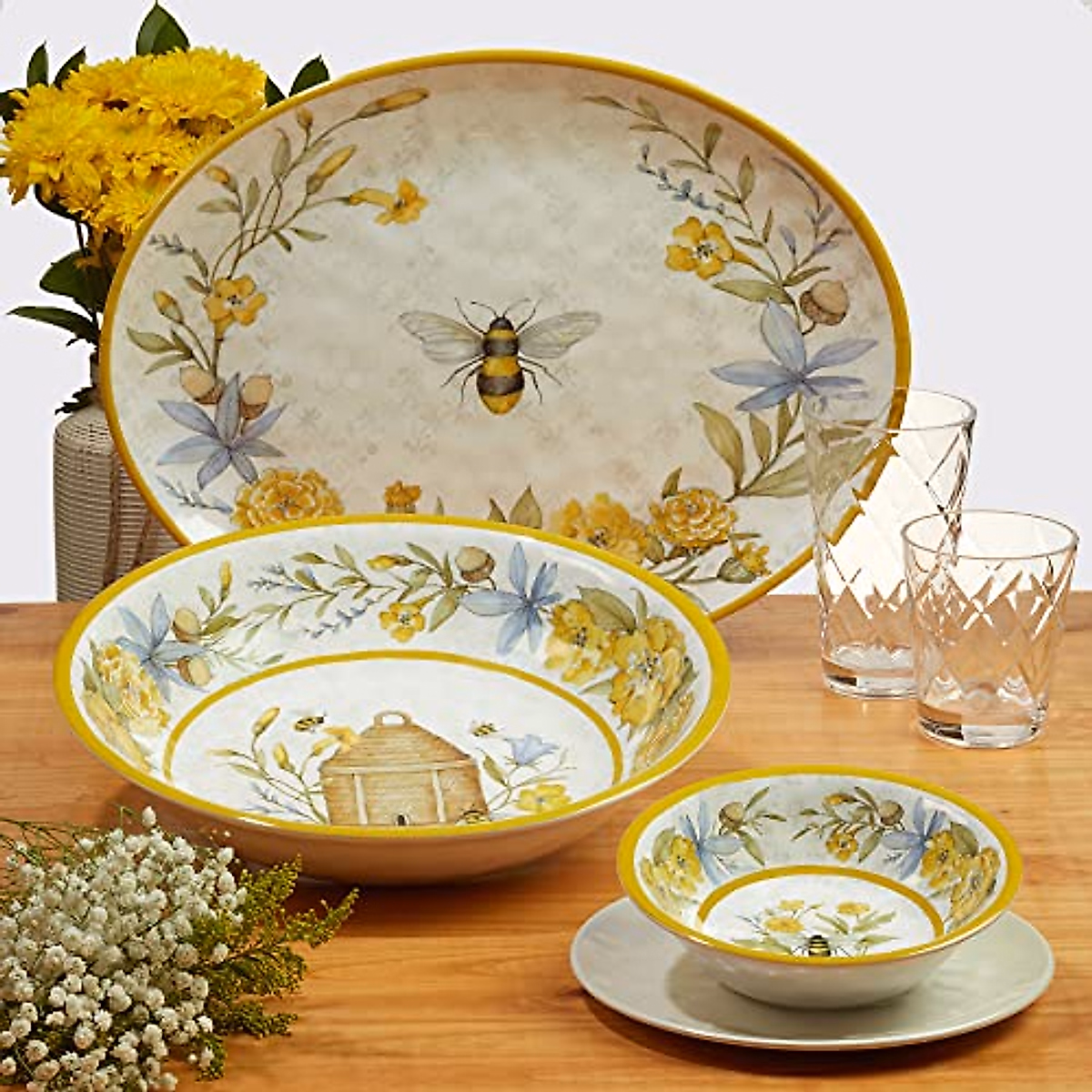 Certified International Bee Sweet 12 Piece Melamine Dinnerware Set, Service for 4, Multicolor