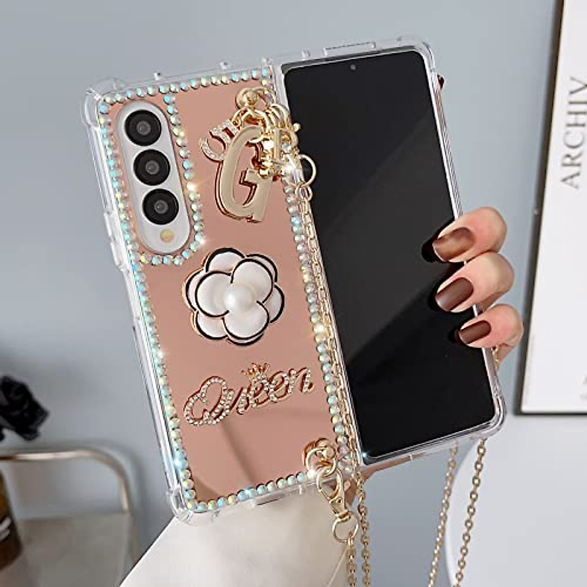 Omio for Samsung Galaxy Z Fold 3 5G Mirror Case with Crossbody Lanyard Luxury 3D Sparkle Crystal Diamond Bling Glitter Cute Slim Makeup Hard PC Phone Case for Galaxy Z Fold 3 Women Girls, Gold