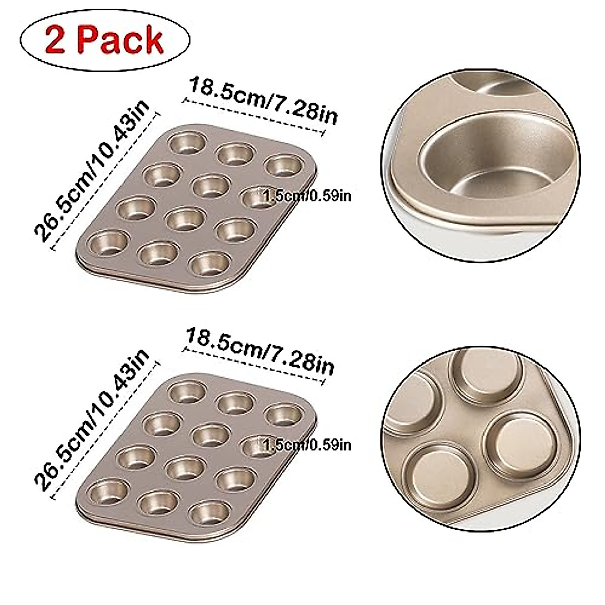 HPALIPRT Brownie Cake Pan with Dividers - 2 Pack 12-Cavity Mini Non Stick All Edges Rounded Cupcake Pans Baking Carbon Steel Bread Mold Small Edge 3x4 Individual Cutter Sheet Tray for Cookie Oven