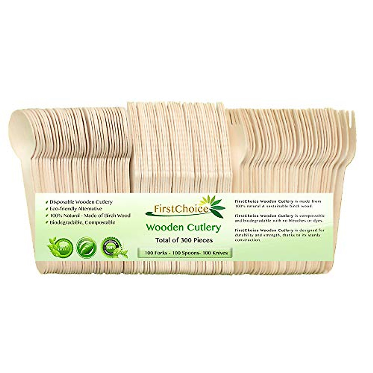 FirstChoice EcoNaturals 300 Count Disposable Wooden Cutlery Set, 100 Forks, 100 Spoons, 100 Knives, Wooden Utensils in Paper Box with Sectional Tray
