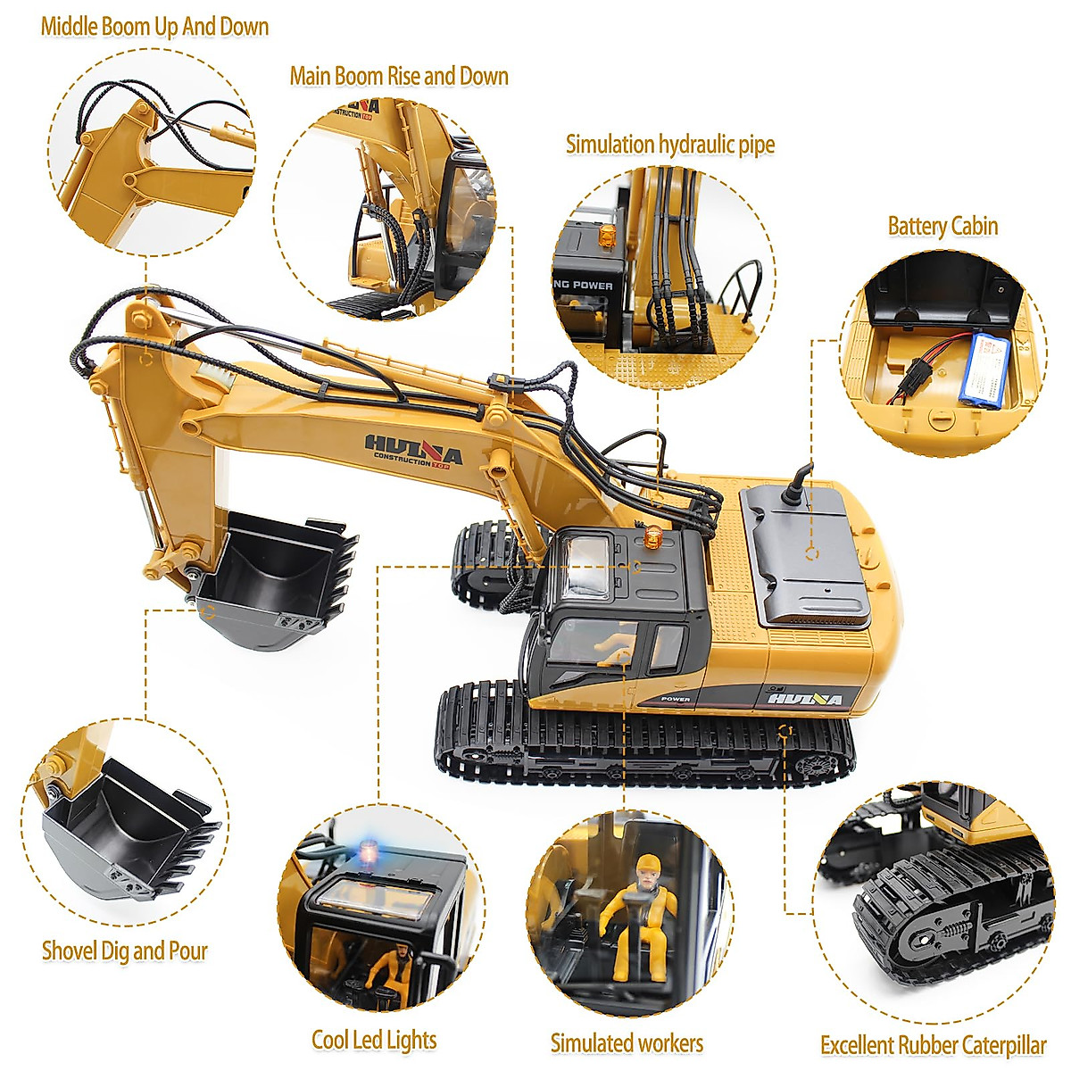 fisca Remote Control Excavator RC Construction Vehicles 15 Channel 2.4G Full Function Digger Toys with Metal Shovel Sound and Lights