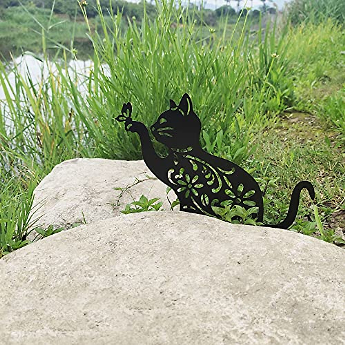 FASHAJI Cat Garden Decor, Metal Cat for Kitchen Outdoor, Yard Art Metal Cat Sculpture for Backyard Farm Patio Yard Lawn Home Decorations