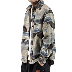 FindThy Men’s Brushed Flannel Shirts Ethnic Aztec Print Button Up Lapel Tribal Shirt Jacket Shacket(0682-Grey-L-LB)