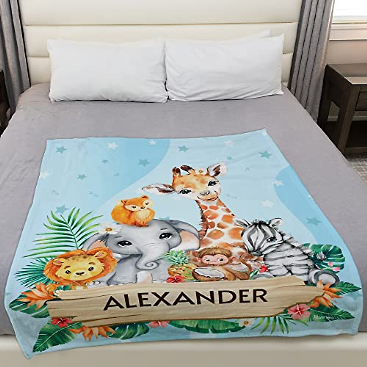 Toyshea Safari Blanket Personalized Baby Blankets with Custom Name 30x40 50x60 60x80 Animals Soft Fleece Or Sherpa Throws for Kids Baby Girls Boys Toddler Newborn Children Babies Nursery Stuff Gifts