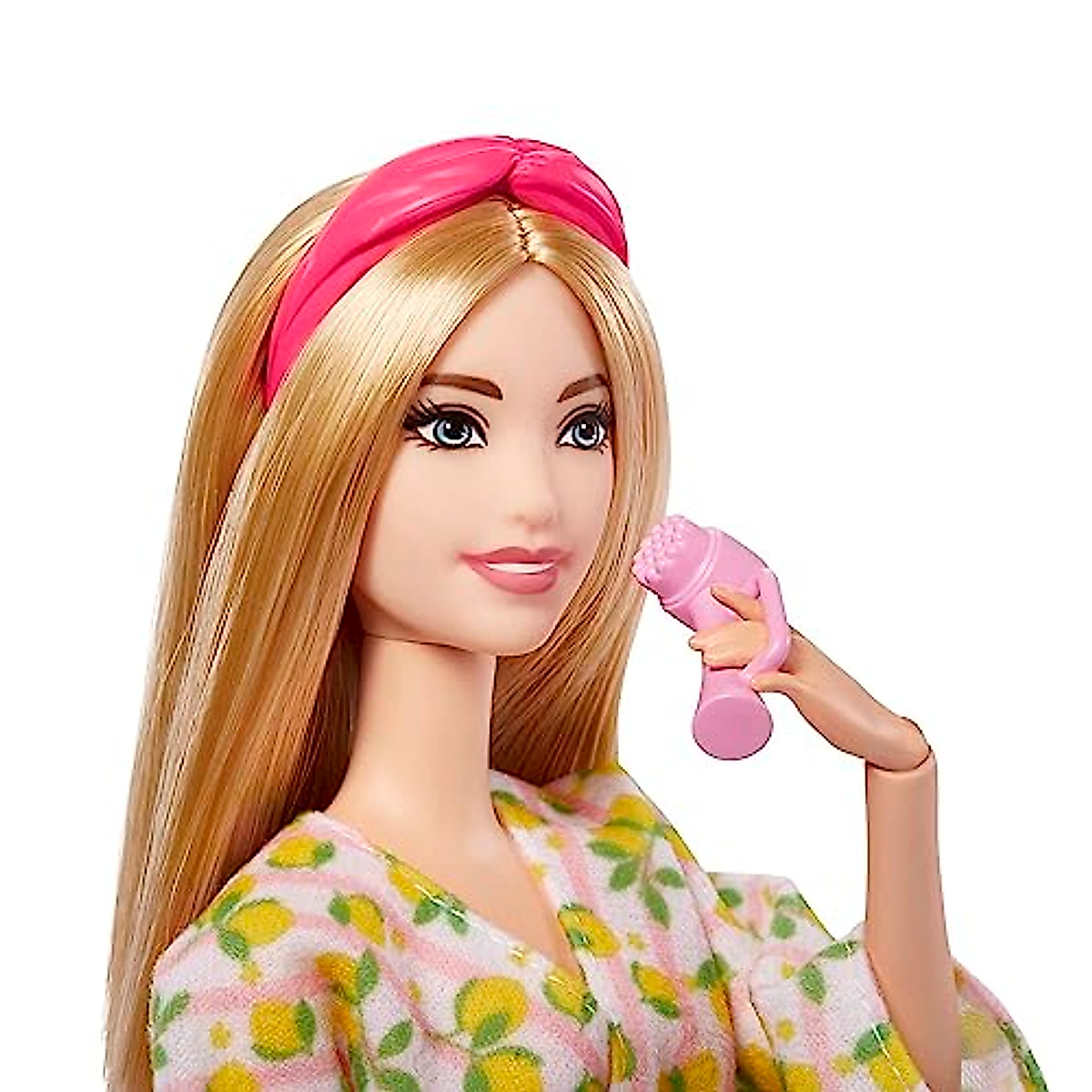 Barbie Self-Care Doll, Blonde Posable Spa Day Doll in Lemon Bathrobe with Puppy & Accessories Like Headband & Eye-Mask