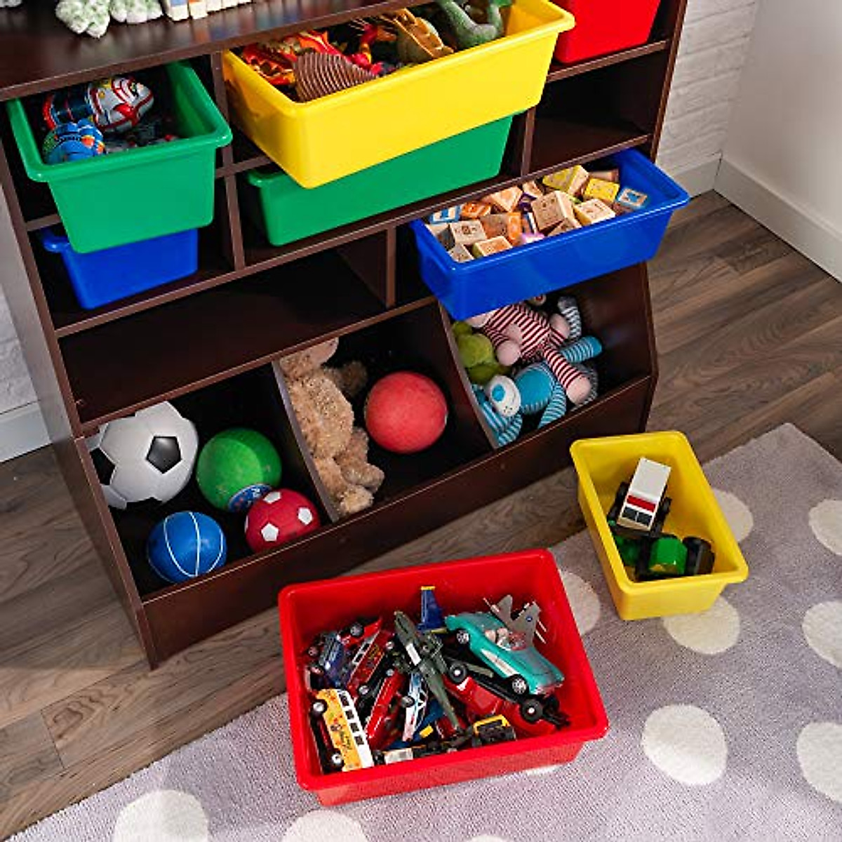 KidKraft Wooden Wall Storage Unit with 8 Plastic Bins and 13 Compartments, Espresso, Gift for Ages 3+