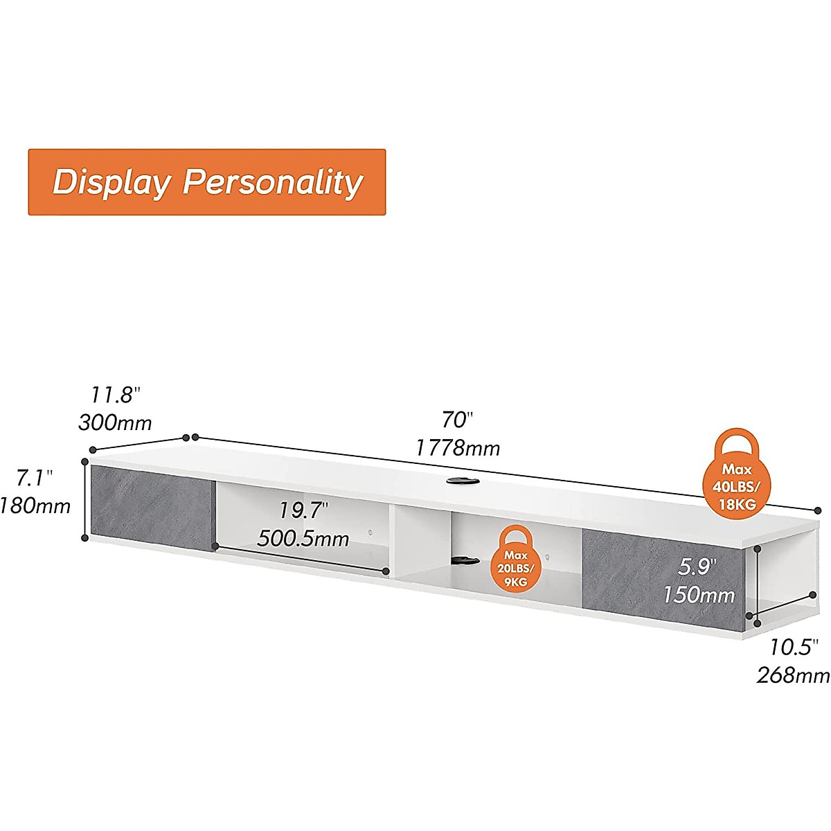 WAMPAT Floating 70 inch TV Stand with 16-Color LED Lights, Entertainment Center Media Console, Wall Mounted Shelf Media Console Cabinet with Storage for 65/70/75 Inch TVs, White&Grey