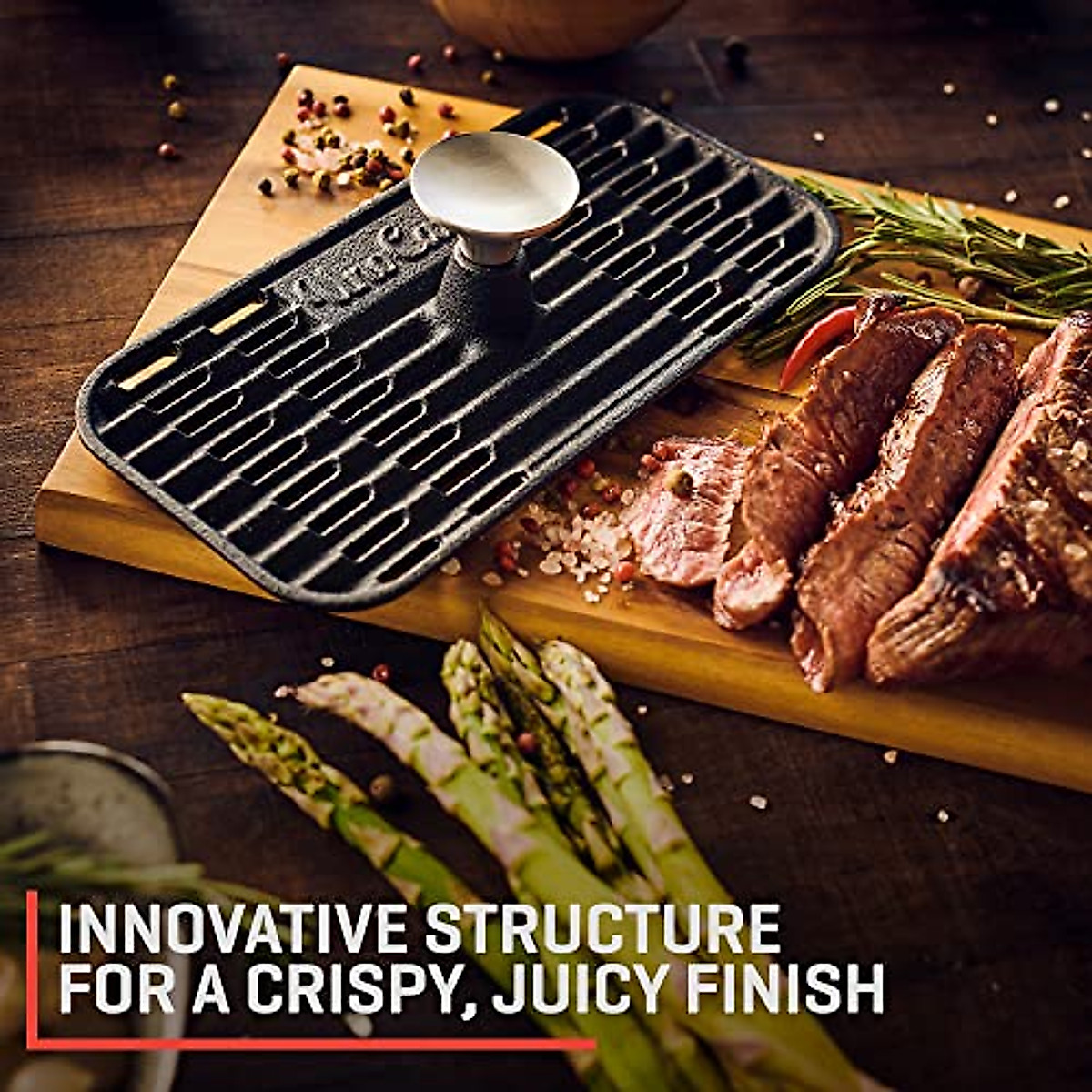 Uno Casa Cast Iron Grill Press - Pre-Seasoned XL Hamburger Press with Stainless Steel Knob, 9x4.5 Inch cast Iron Burger Press for Griddle - Bacon Press for Griddle - Vented Design Griddle Press