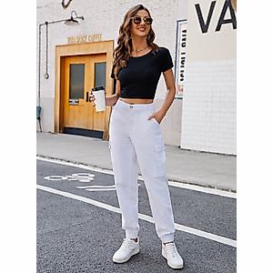 LONGYIDA Women's High Waisted Jean Joggers Elastic Waist Boyfriend Cargo Jeans Casual Loose Denim Joggers Stretch Pants(White,M)