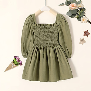 Happy Town Toddler Girl Fall Dress Long Sleeve Play Wear Dress Baby Solid Color Casual Clothes (Green, 3-4 T)