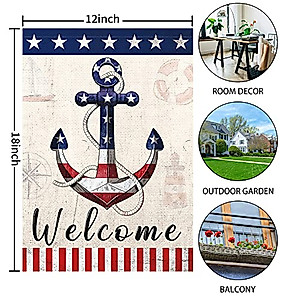WODISON Patriotic 4th of July Memorial Day Garden Flag, American Anchor Vertical Double Sided Burlap Welcome Flag, Outdoor Decoration For Yard Home 12 x 18 Inch (ONLY FLAG)